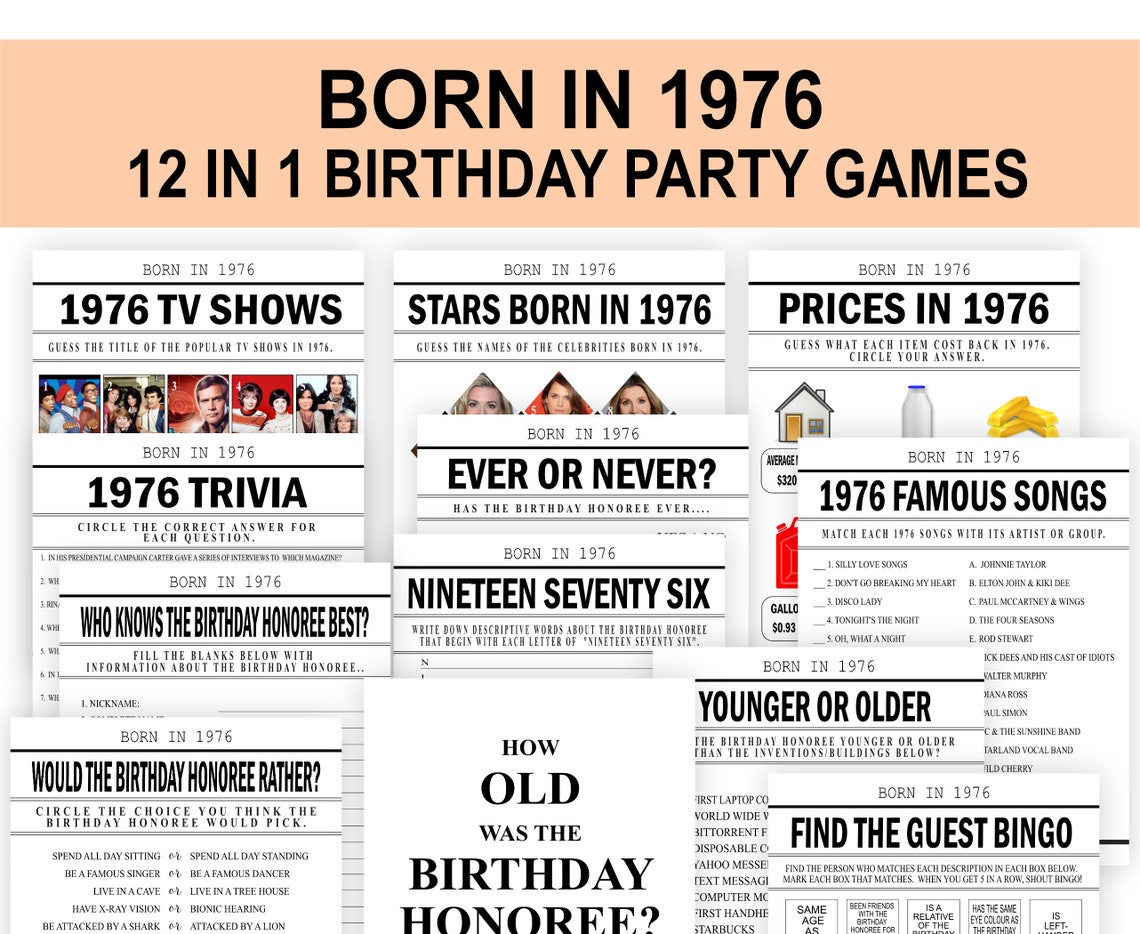 50th Birthday Party Games, Born in 1976 Birthday Games Bundle, 1976 ...