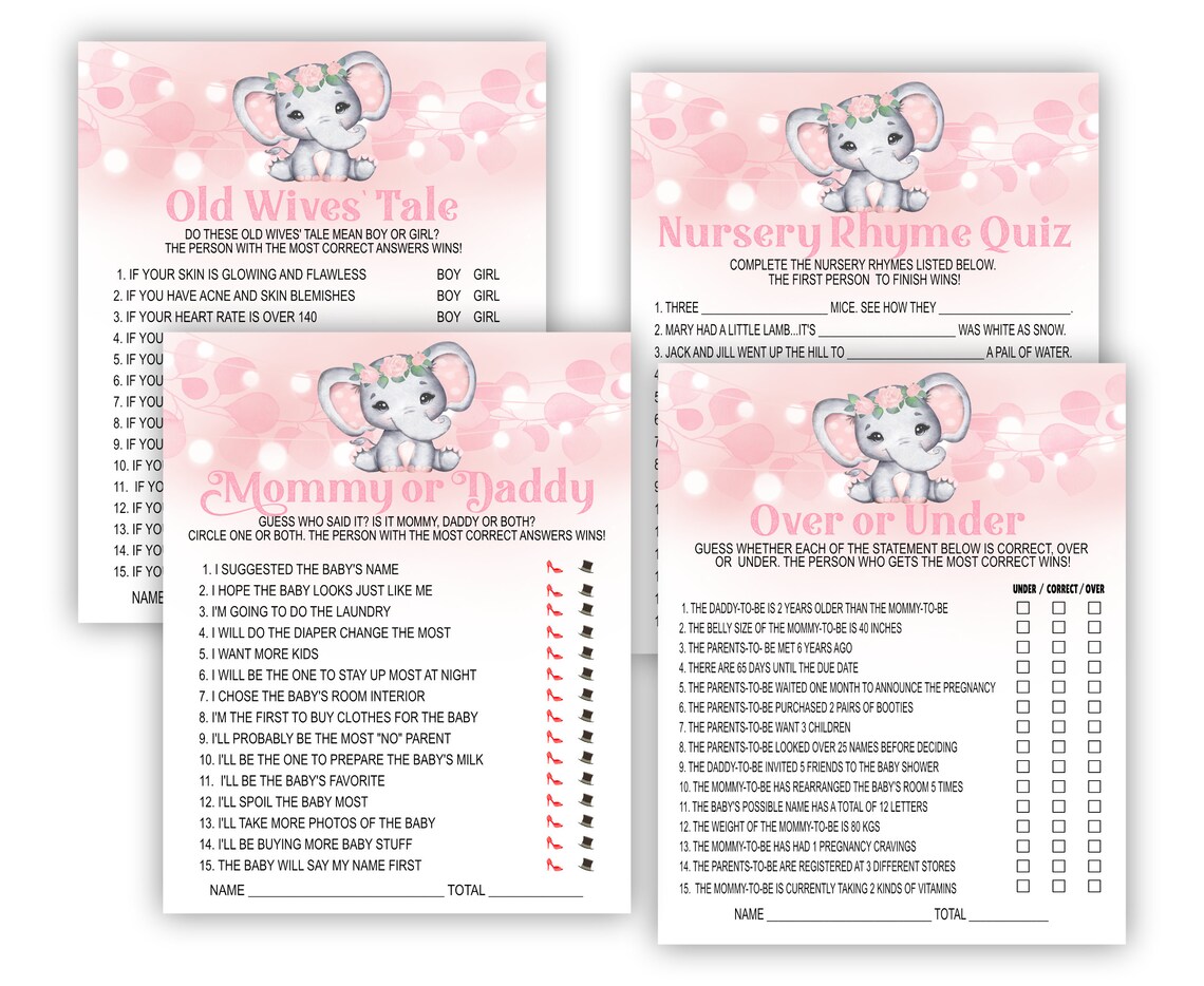 Pink Elephant Theme Baby Shower Game Bundle Pack Pink | Etsy