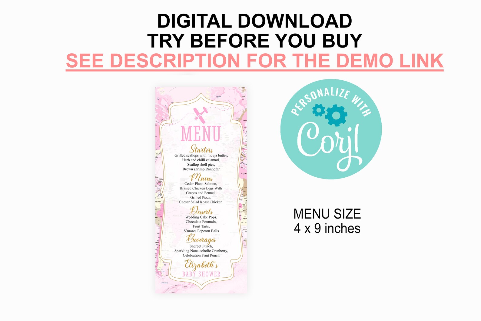 Editable Travel Menu Card Pink Adventure Gold Event Menu Baby Shower ...