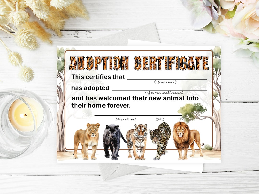 Adoption Big Cats Adoption Certificate Party Favors Wild Animals Safari ...