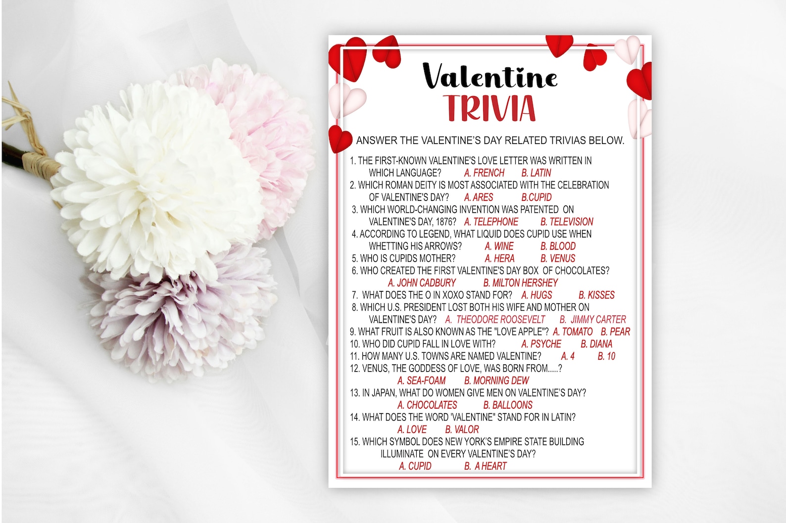 Valentine's Day Trivia Game Trivia Game Valentine's - Etsy