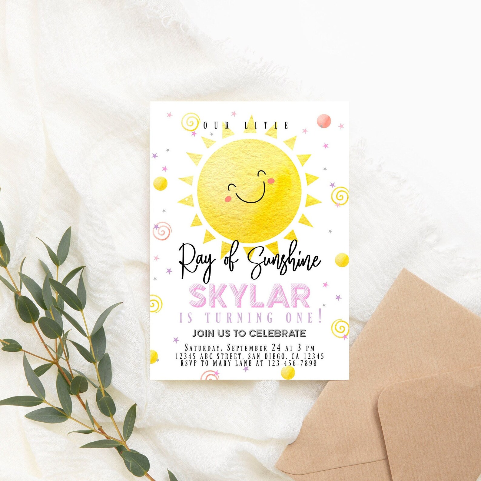 Editable Sunshine Birthday Invitation Sun Birthday Invitation Little ...