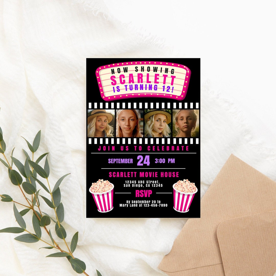 Editable Movie Birthday Party Invitation With Photo Picture Girl Pink ...