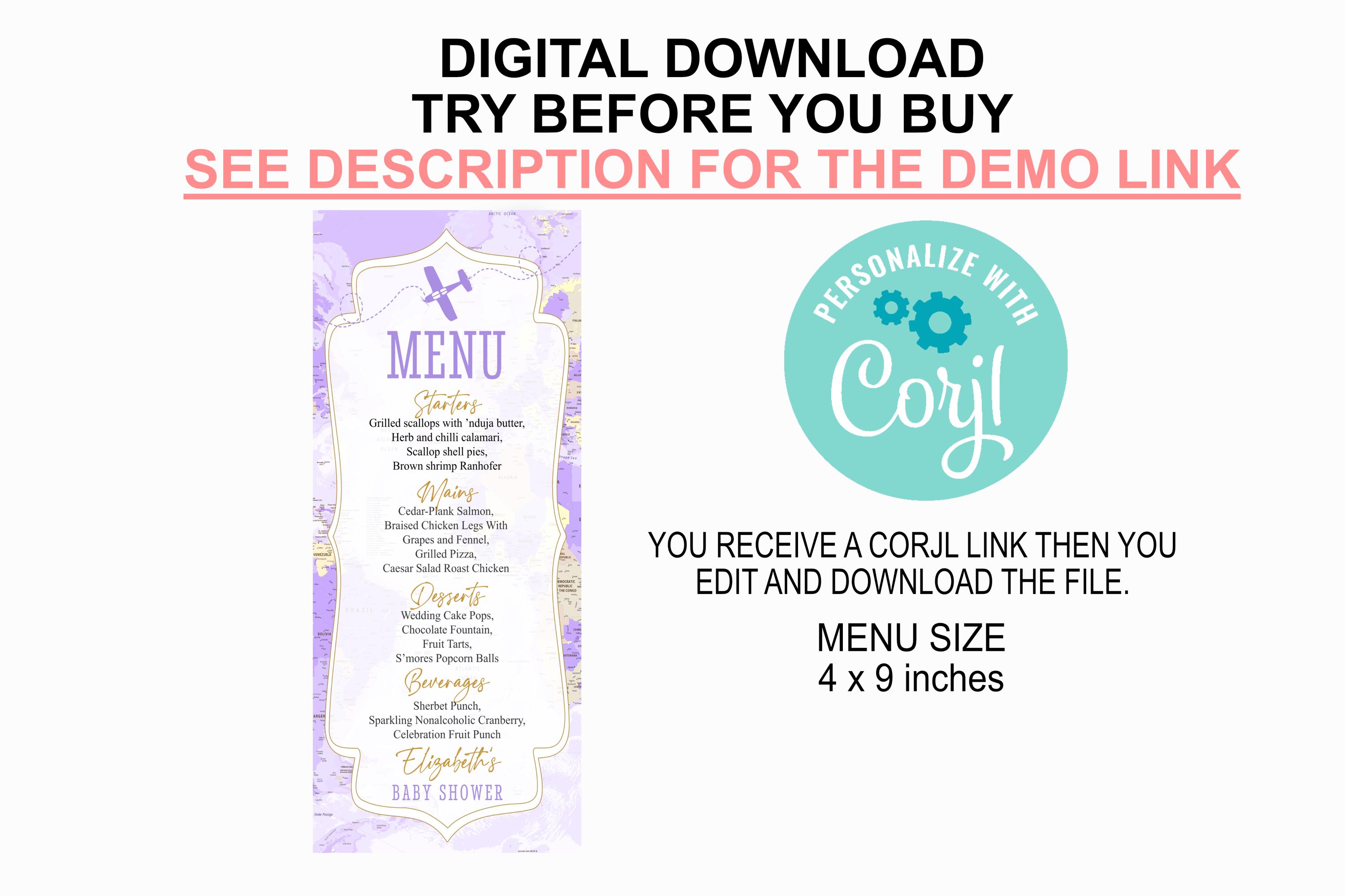 Editable Travel Menu Card Purple Map Adventure Awaits Menu Baby Shower ...