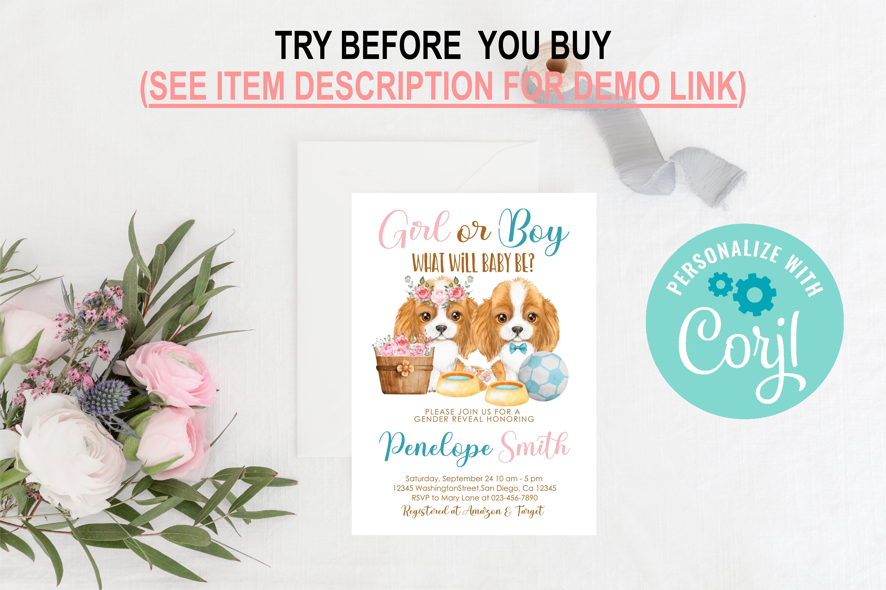 Editable Puppy Gender Reveal Invitation Dog Pink Blue Gender - Etsy