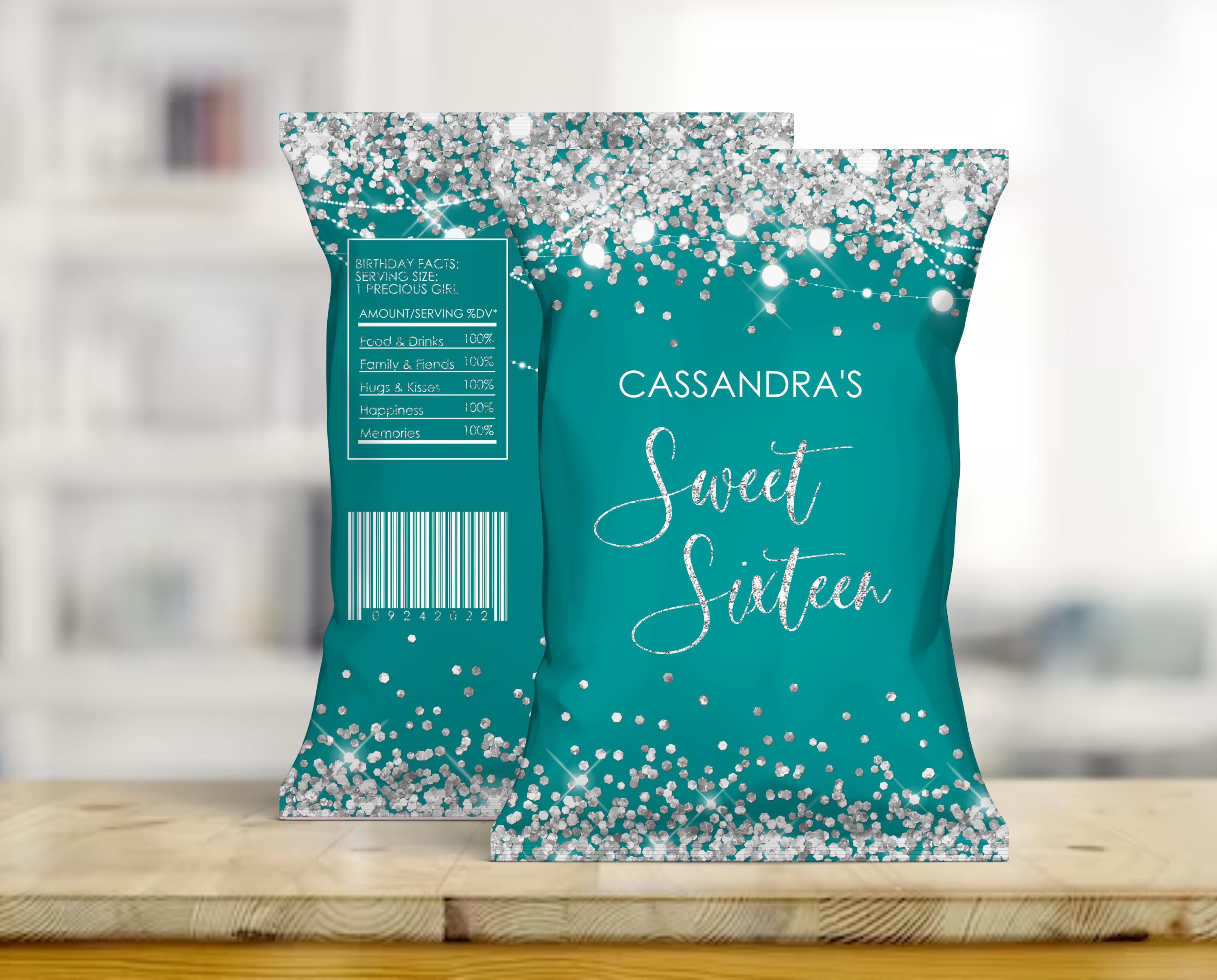 Teal Silver Chip Bag Label Editable Teal Silver Glitter Chip Bag Favor ...