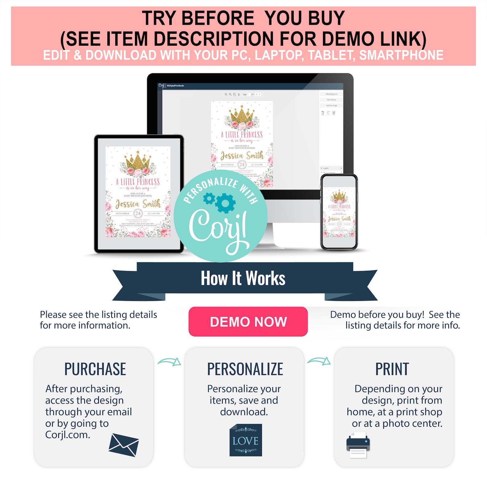 Editable Crown Baby Shower Invitation Princess Crown Flower | Etsy