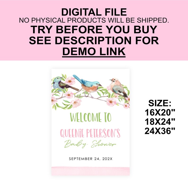 Editable Birds Welcome Sign Birdie Baby Shower Welcome Sign Decor ...