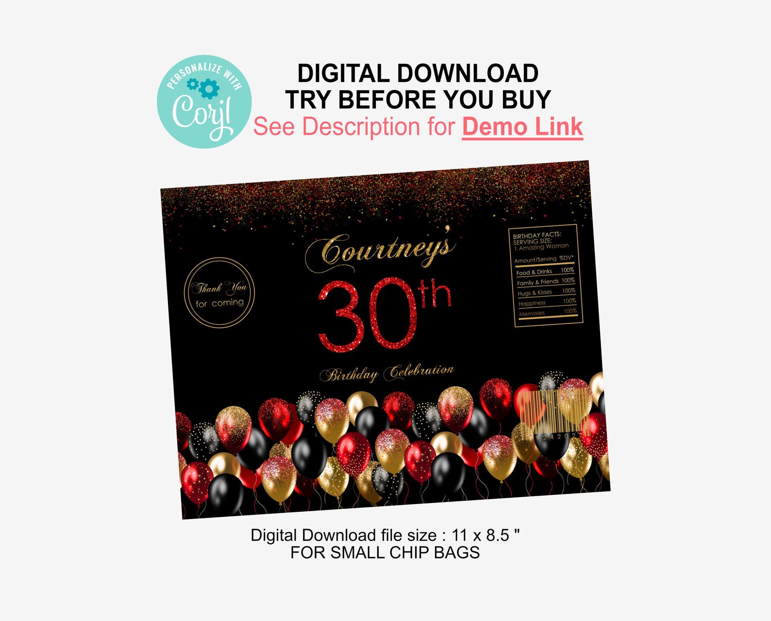 Editable Balloon Chip Bag Label Red Black Gold Balloon Printable Chip ...