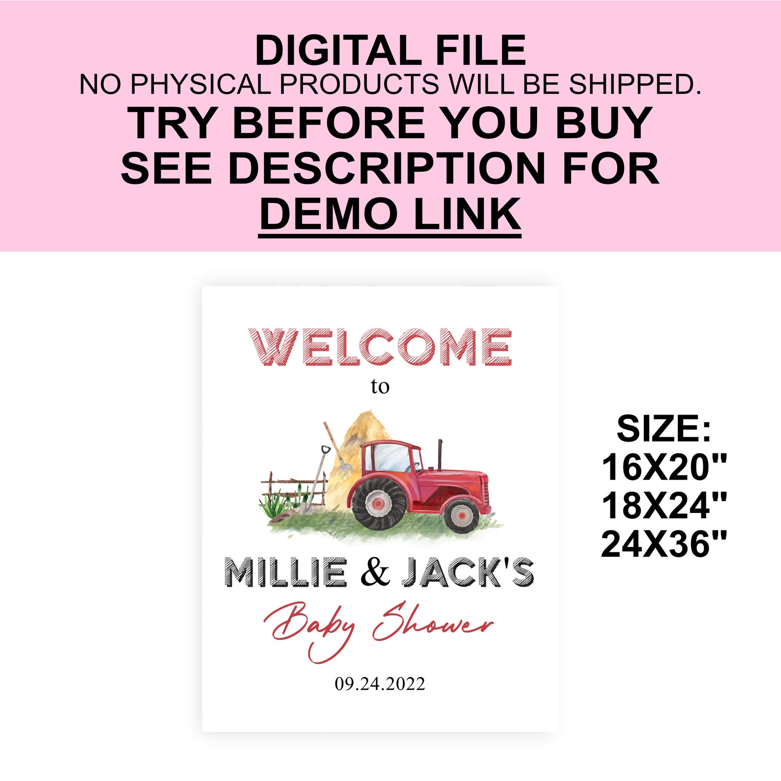 Editable Red Tractor Welcome Sign Party Tractor Farm Hay Baby Shower ...