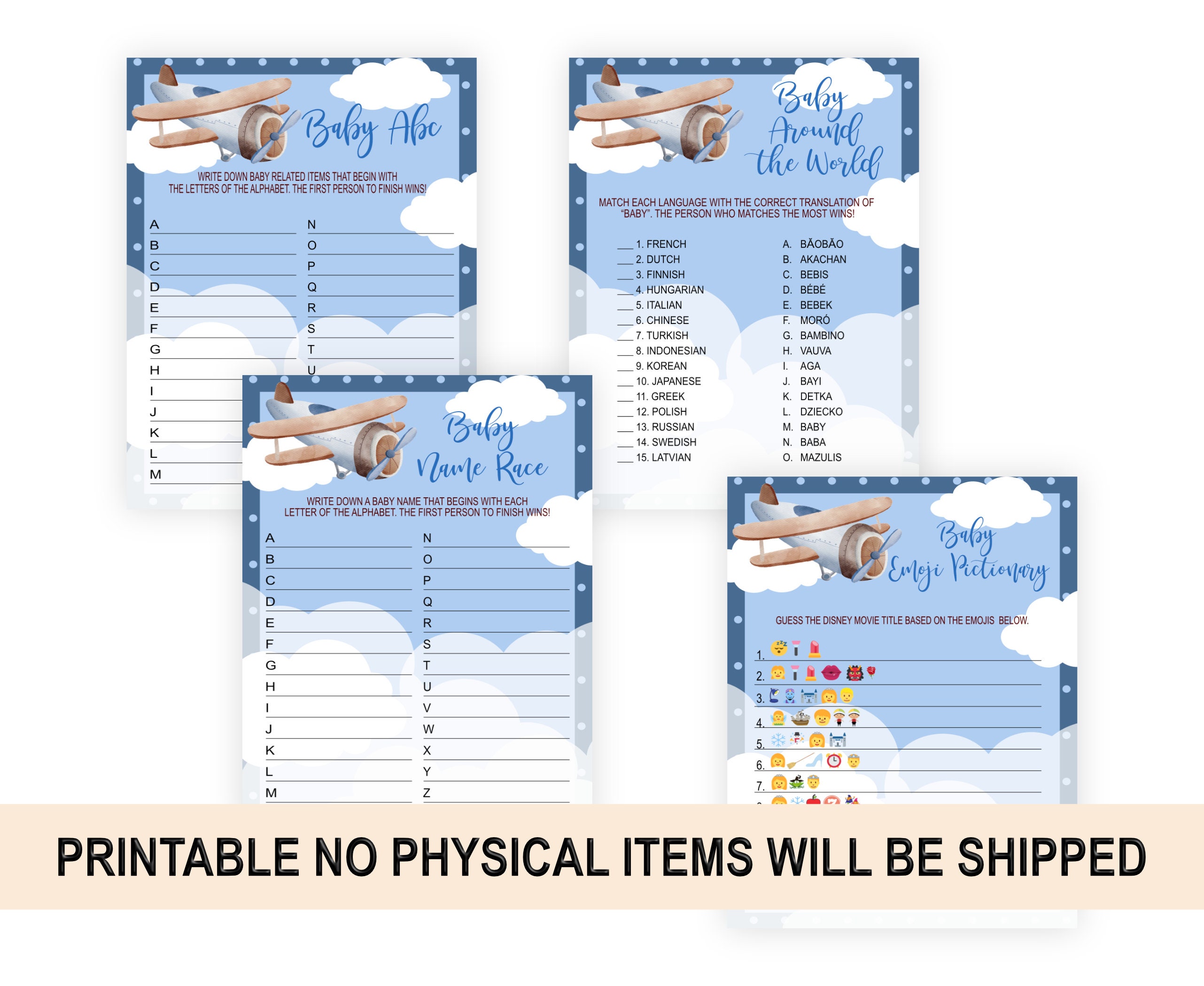 Blue Airplane Baby Shower Games Airplane Clouds Blue Baby - Etsy