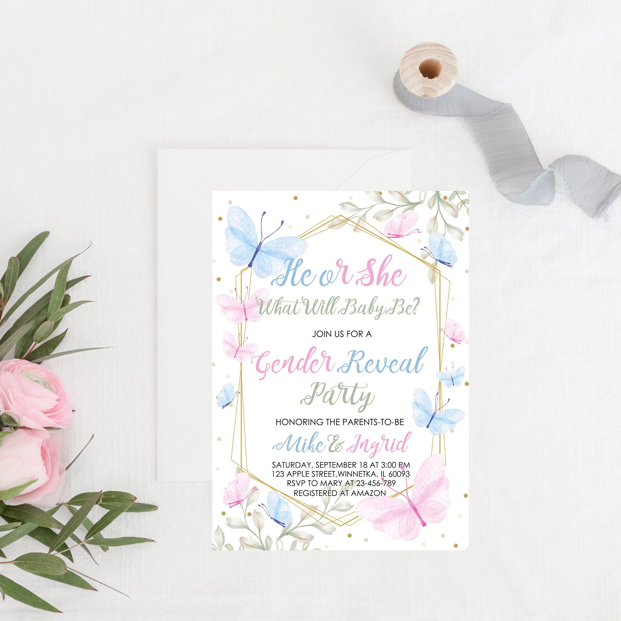Editable Butterfly Gender Reveal Party Invitation Flutter Gender Reveal ...