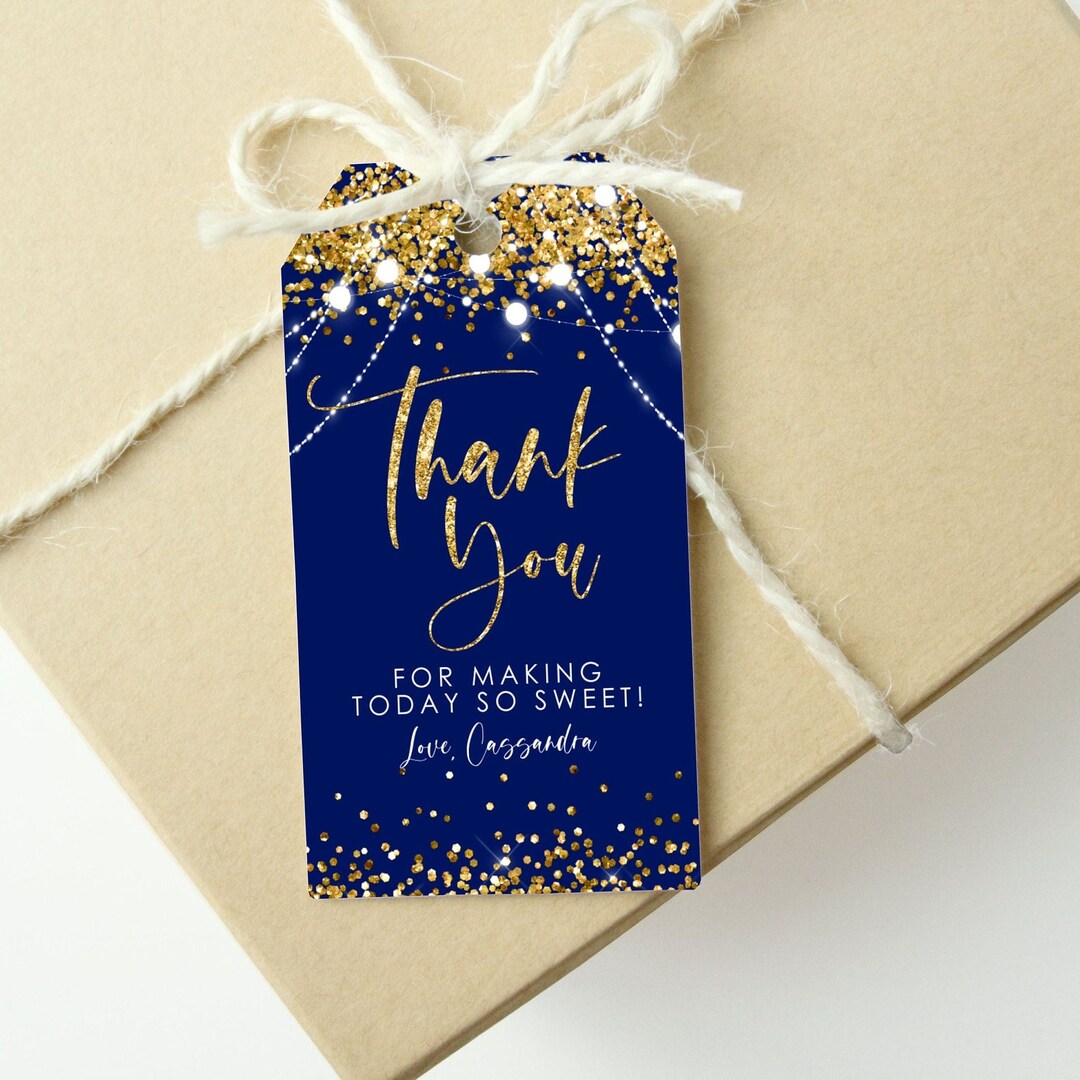 Editable Gold Blue Thank You Tag Sweet Sixteen Gold Glitter Birthday ...