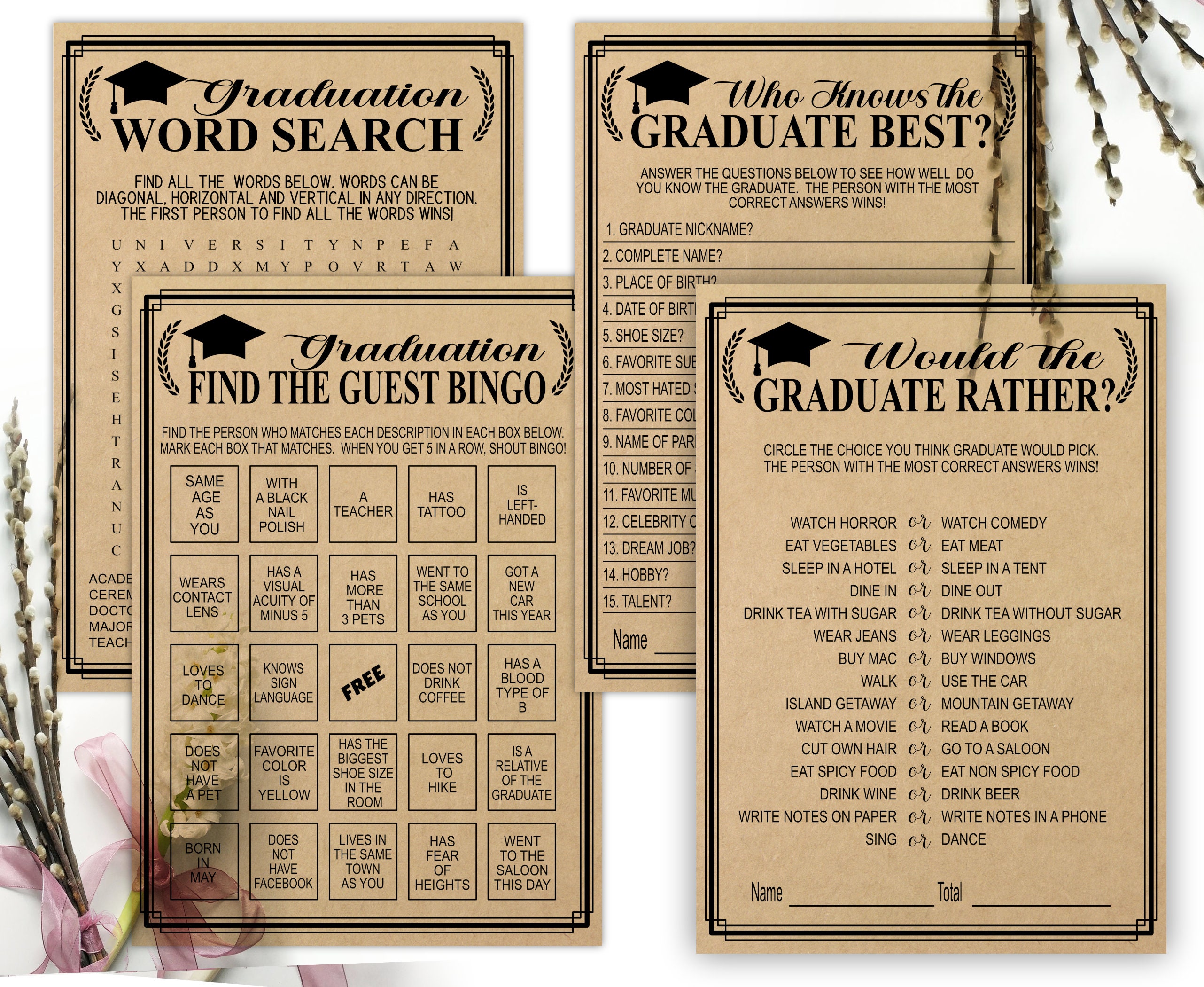 Rustic Kraft Graduation Games Bundle Graduation College High - Etsy