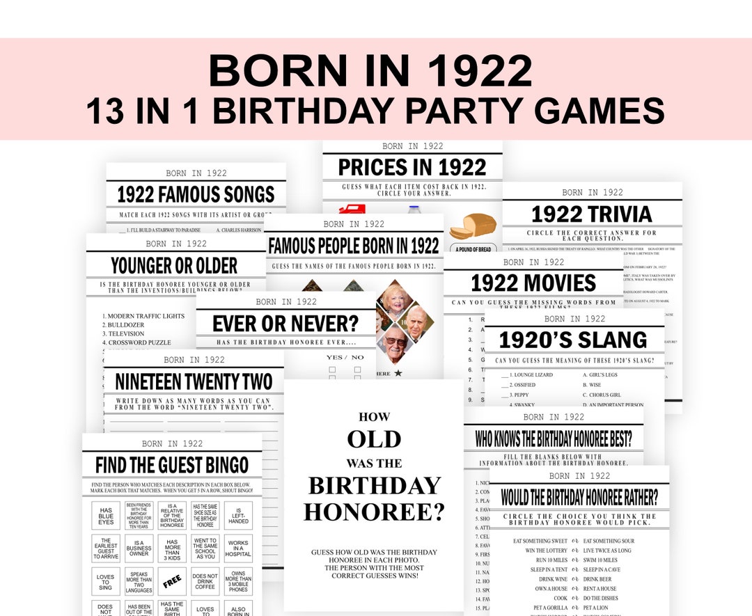Born in 1922 Games Bundle 1922 Trivia Fun 103rd Birthday Activity ...