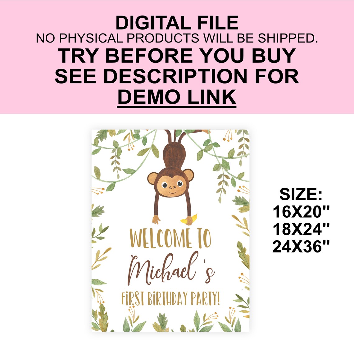 Editable Monkey Welcome Sign Jungle Birthday Monkey Welcome Birthday ...