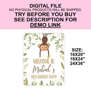 Editable Monkey Welcome Sign Jungle Birthday Monkey Welcome Birthday ...