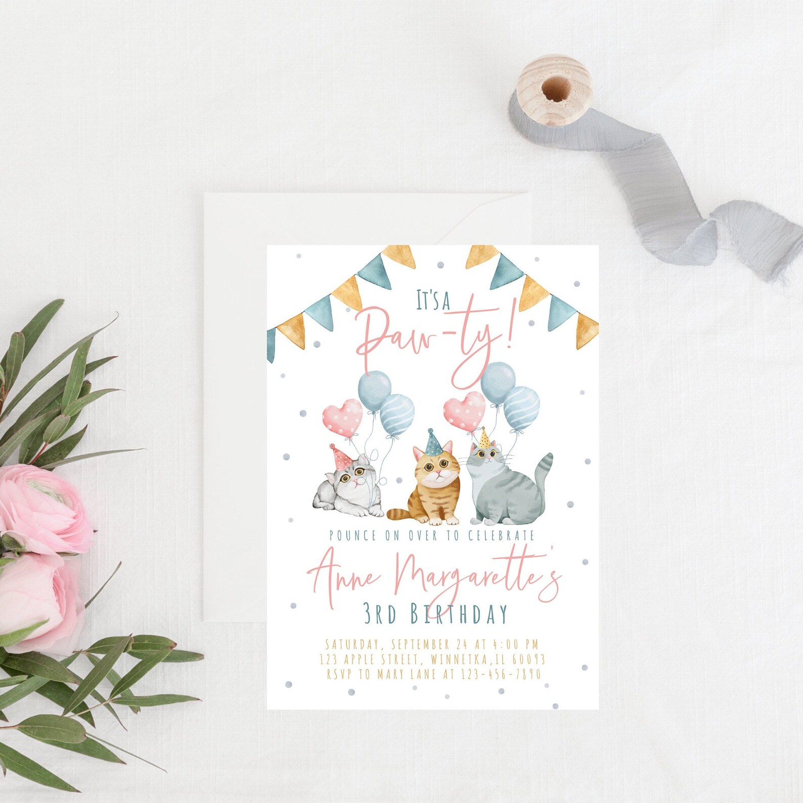 Editable Cat Birthday Invitation PRINTABLE Cat Invitation Pink | Etsy