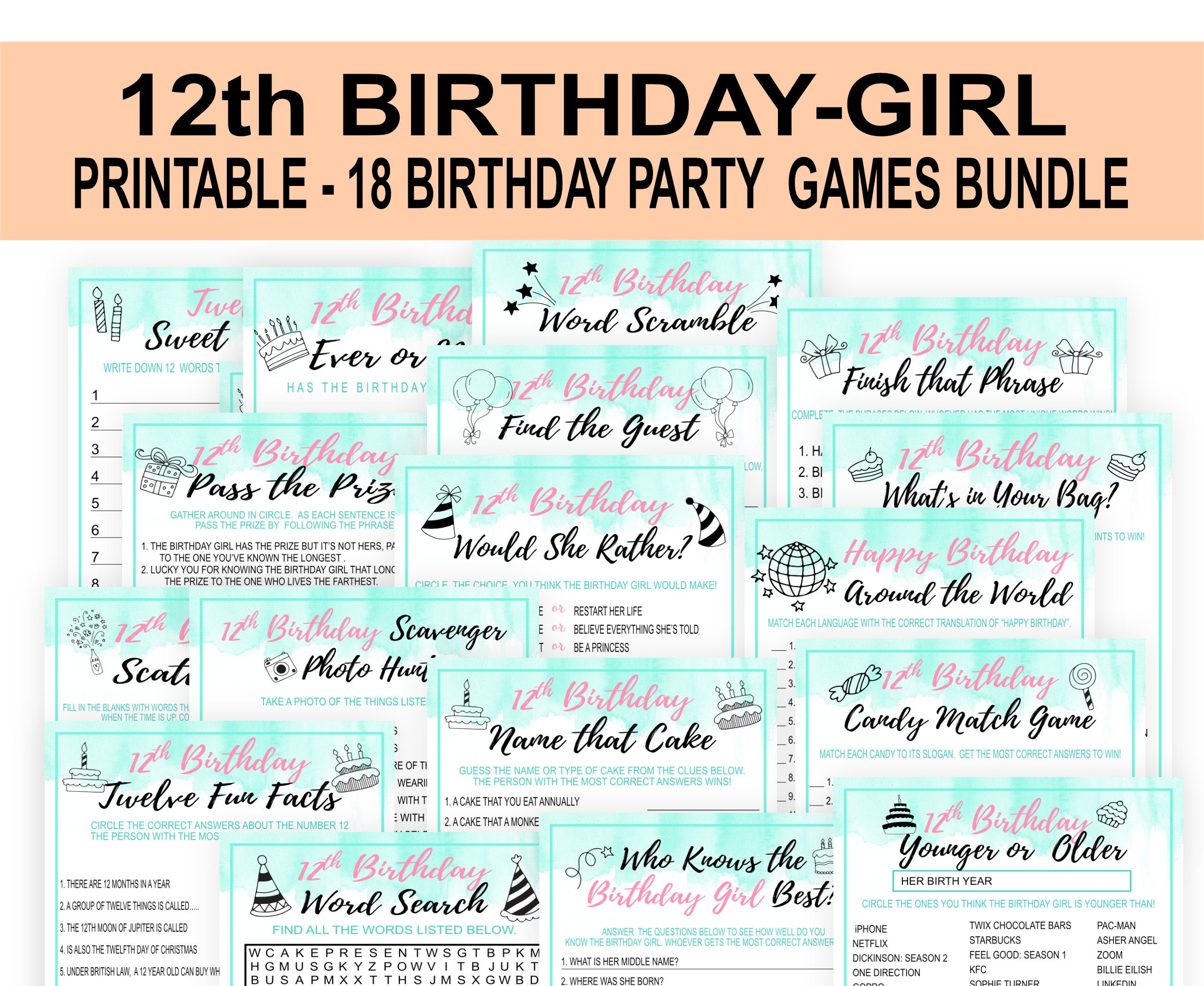 12th Birthday Party Games for Girls Twelve Birthday Game - Etsy