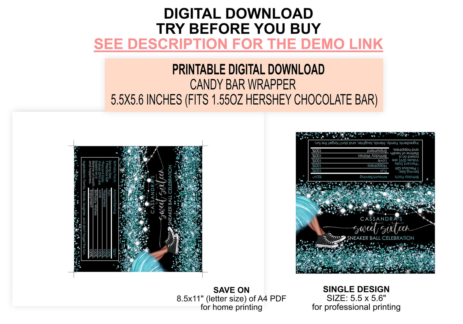 Sneaker Ball Sweet Sixteen Chocolate Bar Wrapper: Teal Glitter ...