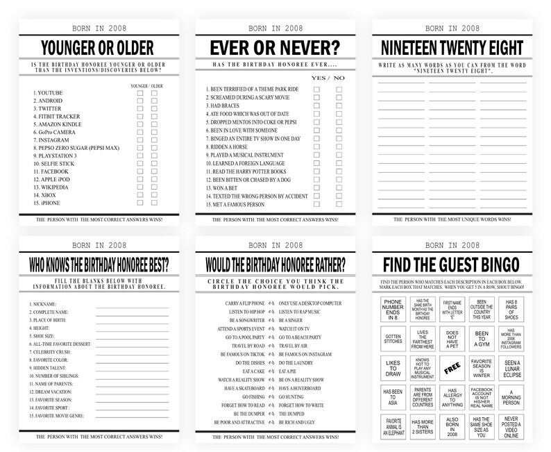 18th Birthday Party Games, Born in 2008 Printable Birthday Activity ...