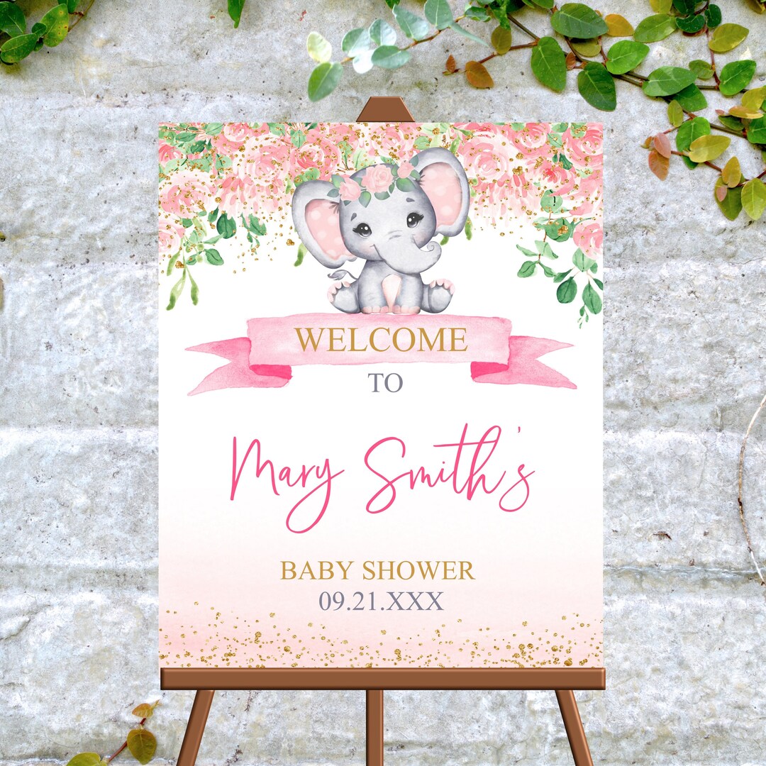Editable Elephant Welcome Sign Pink Elephant Baby Shower Birthday Party ...