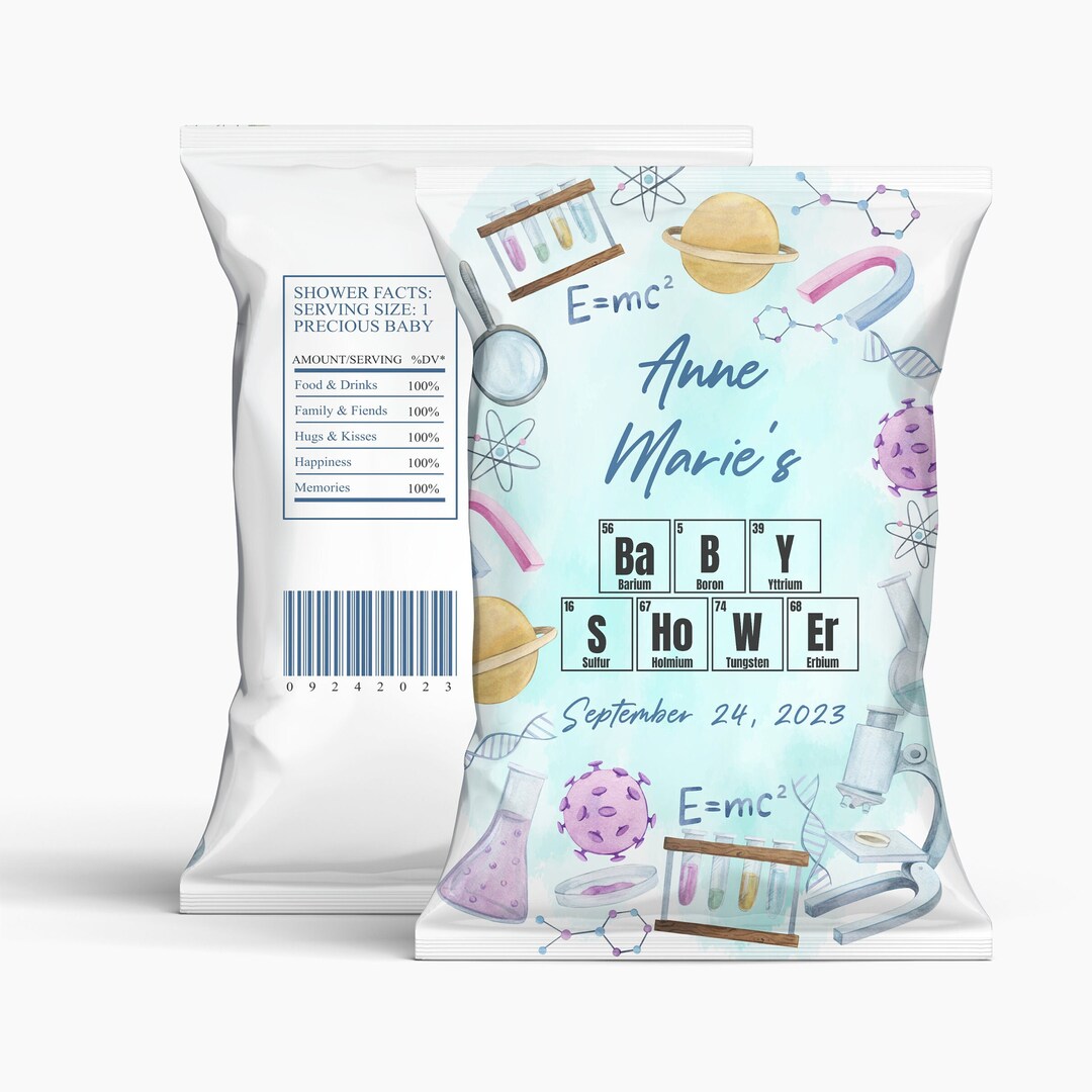 Science Baby Shower Chip Bag Label: Editable Scientist Favor Corjl ...