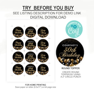 Editable Gold Black Cupcake Toppers, Balloon Birthday Favor Tags, Gold ...