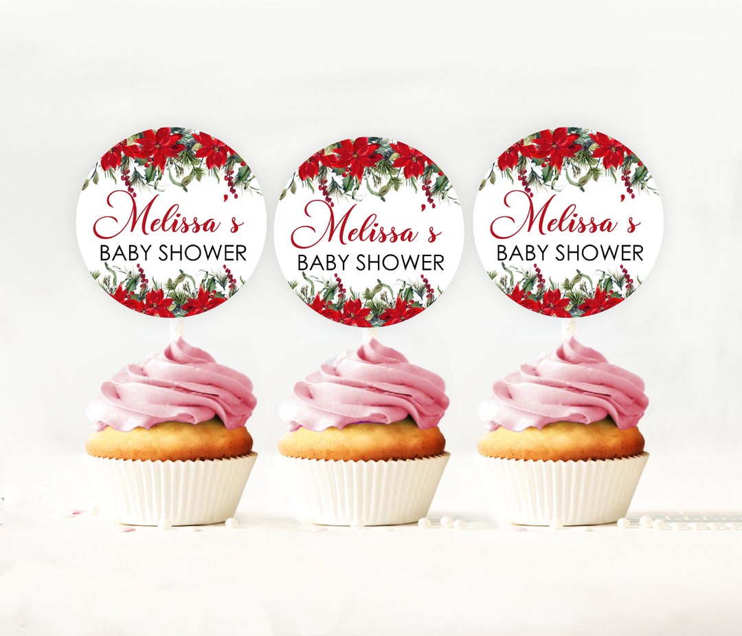 Editable Christmas Cupcake Topper Label Red Poinsettia Merry Little ...