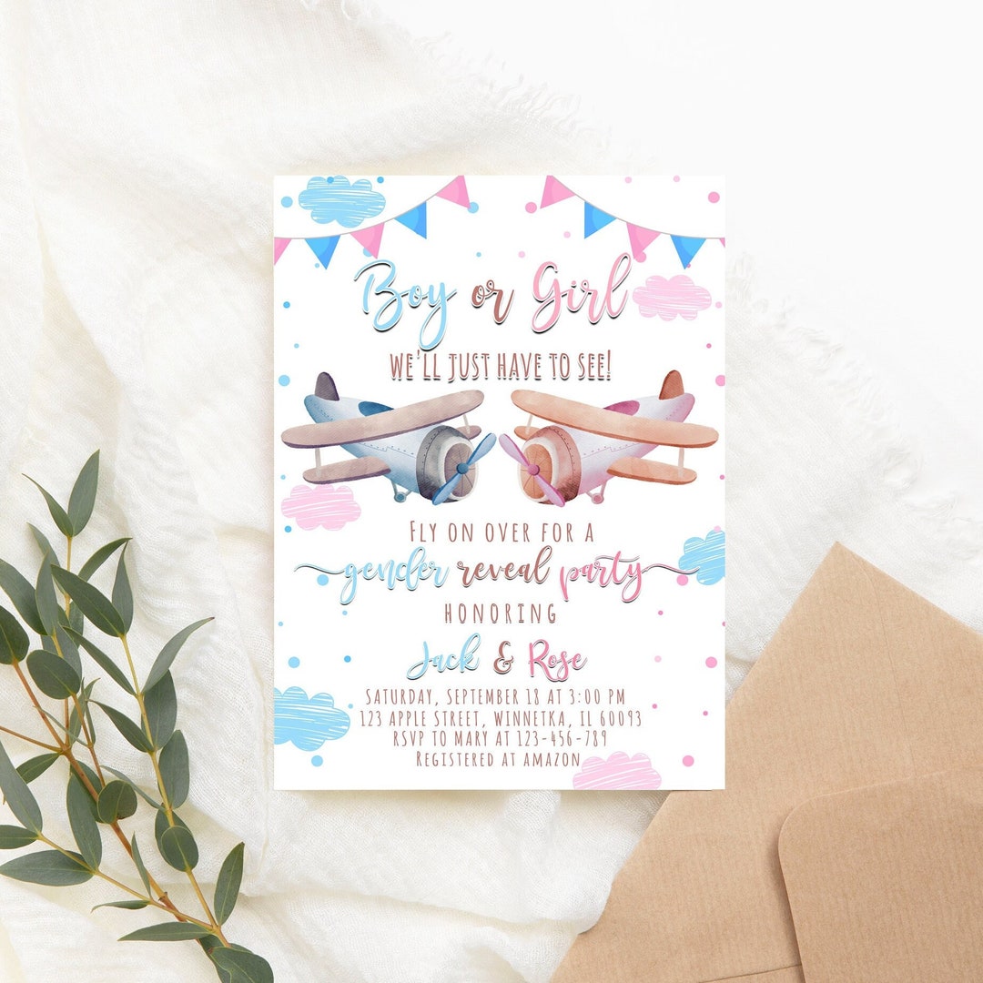 Editable Gender Reveal Party Invitation Airplane Gender Reveal ...