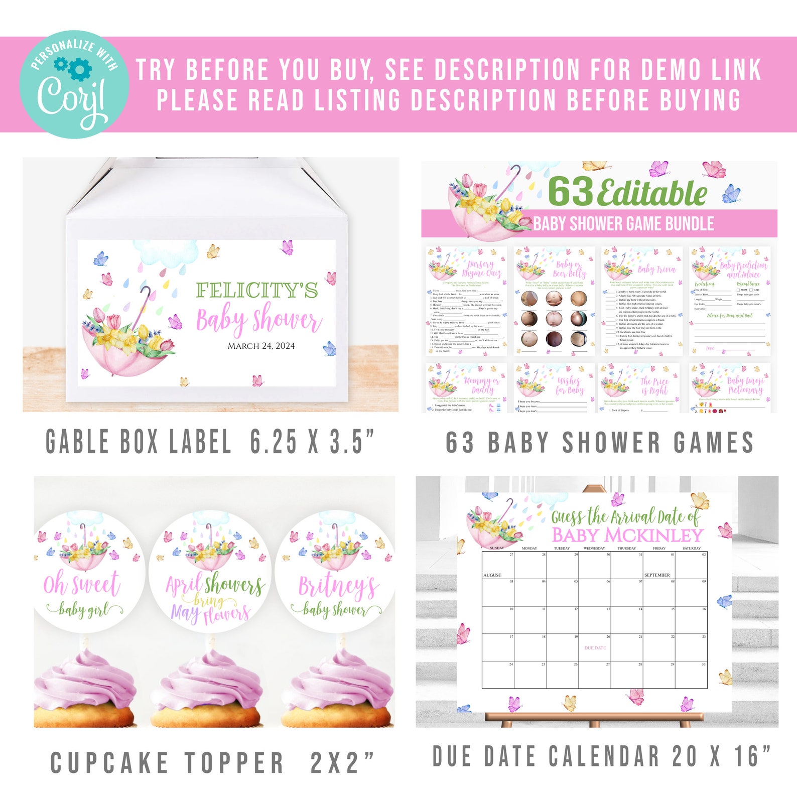 Editable April Shower Baby Shower Invitation Bundle Template Girl Pink ...