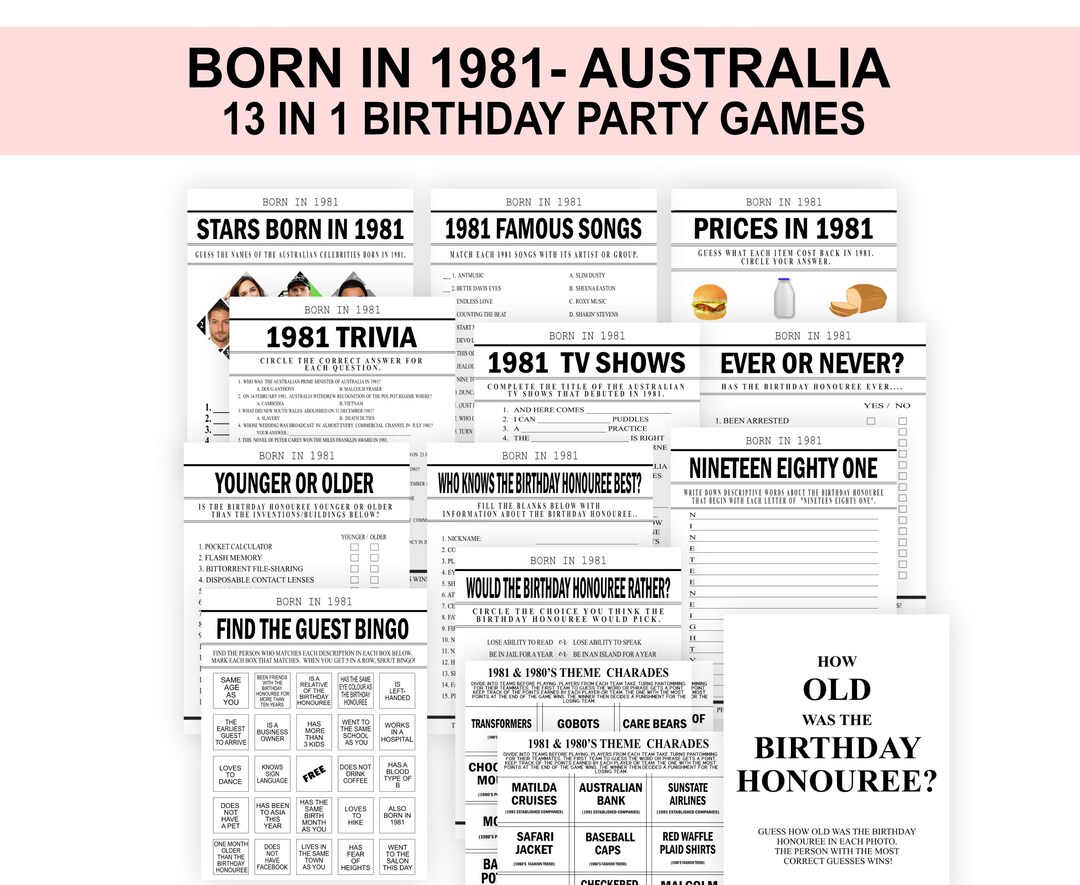 44th Birthday Party Games Born in 1981 Birthday Games Bundle Australian ...