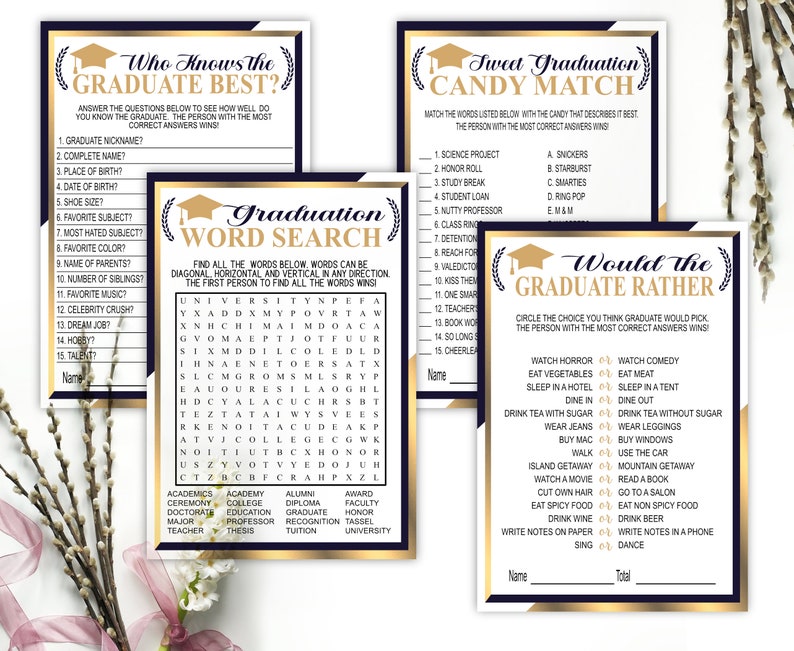 Dark Blue Gold Graduation Party Game Bundle Pack Printable - Etsy
