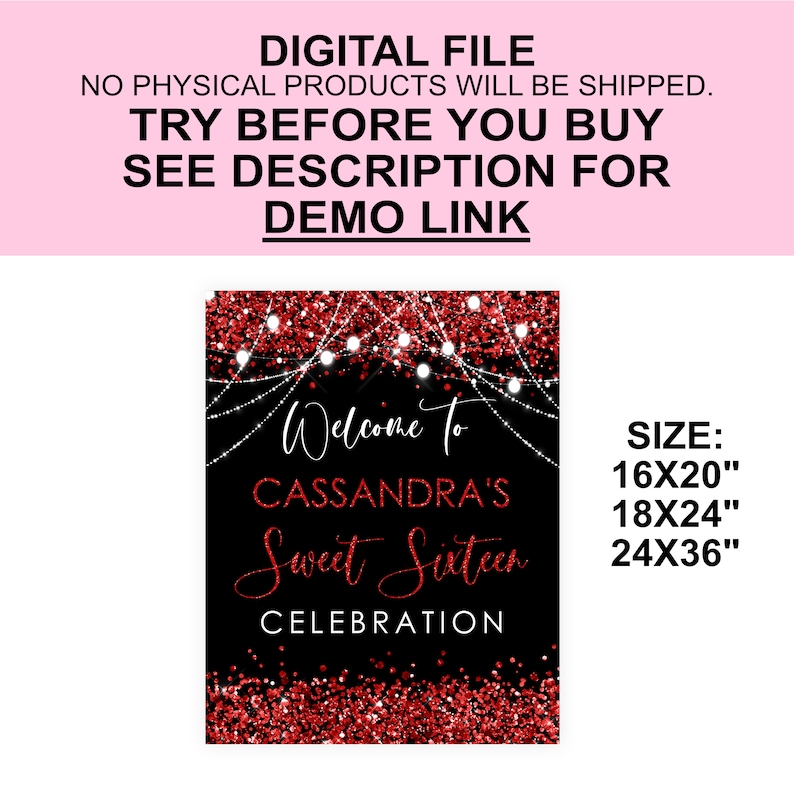 Editable Red Black Welcome Sign Birthday Party Red Glitter - Etsy