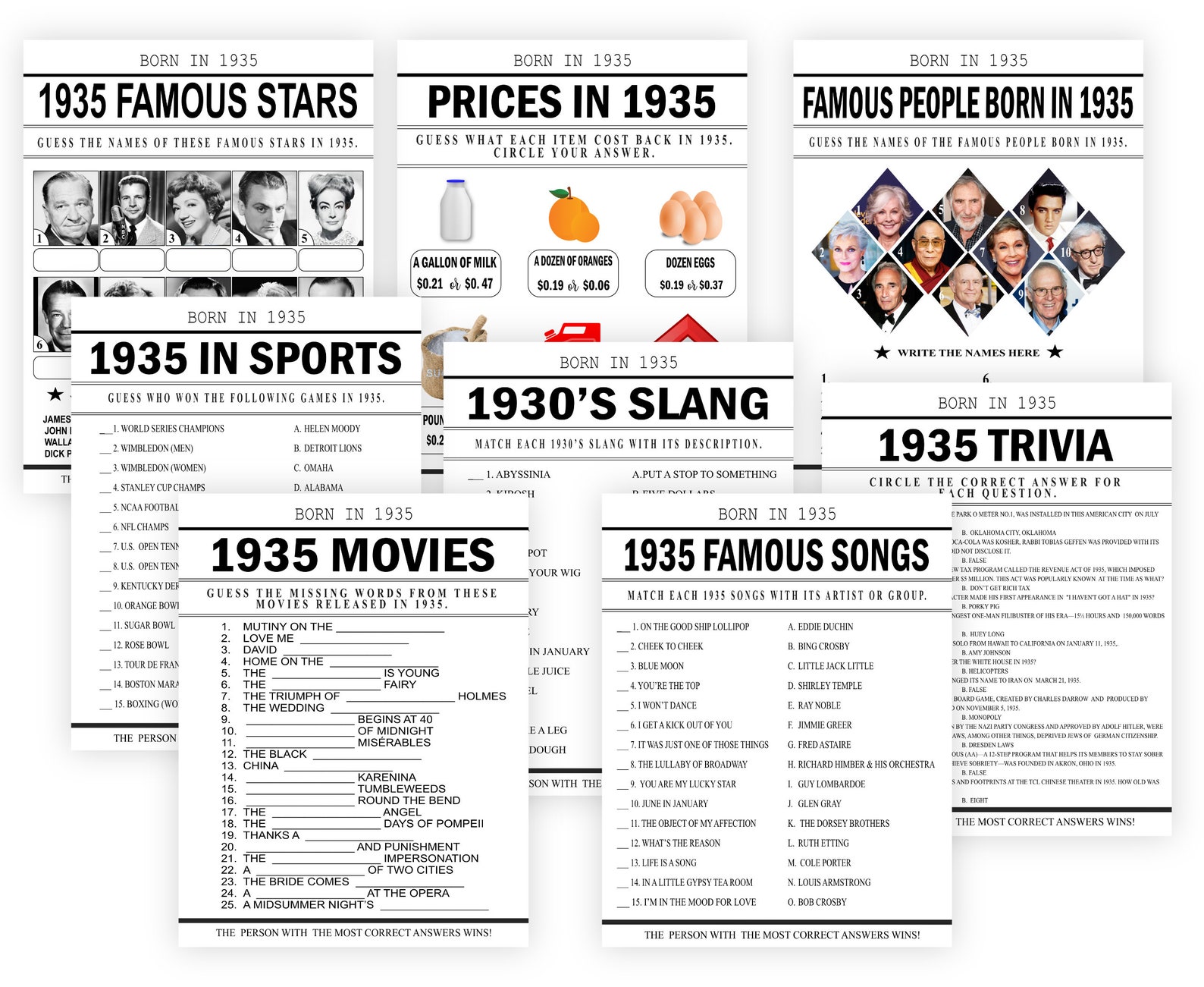 Born in 1935 Birthday Game, Birthday Games Bundle 1935 Games, 1935 ...