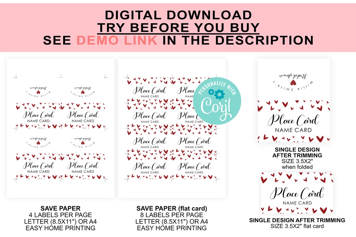 Editable Hearts Place Card Food Label Name Card Table Tent - Etsy