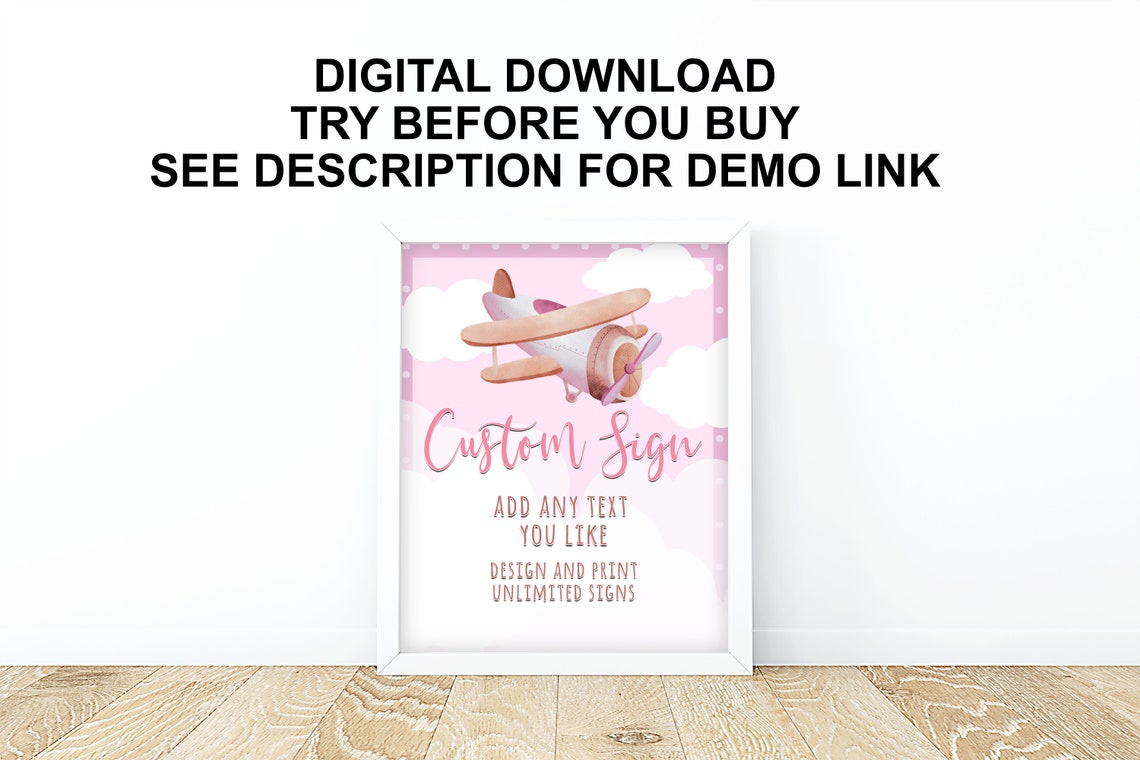 Editable Custom Pink Airplane Birthday Party Sign Decor Digital File ...