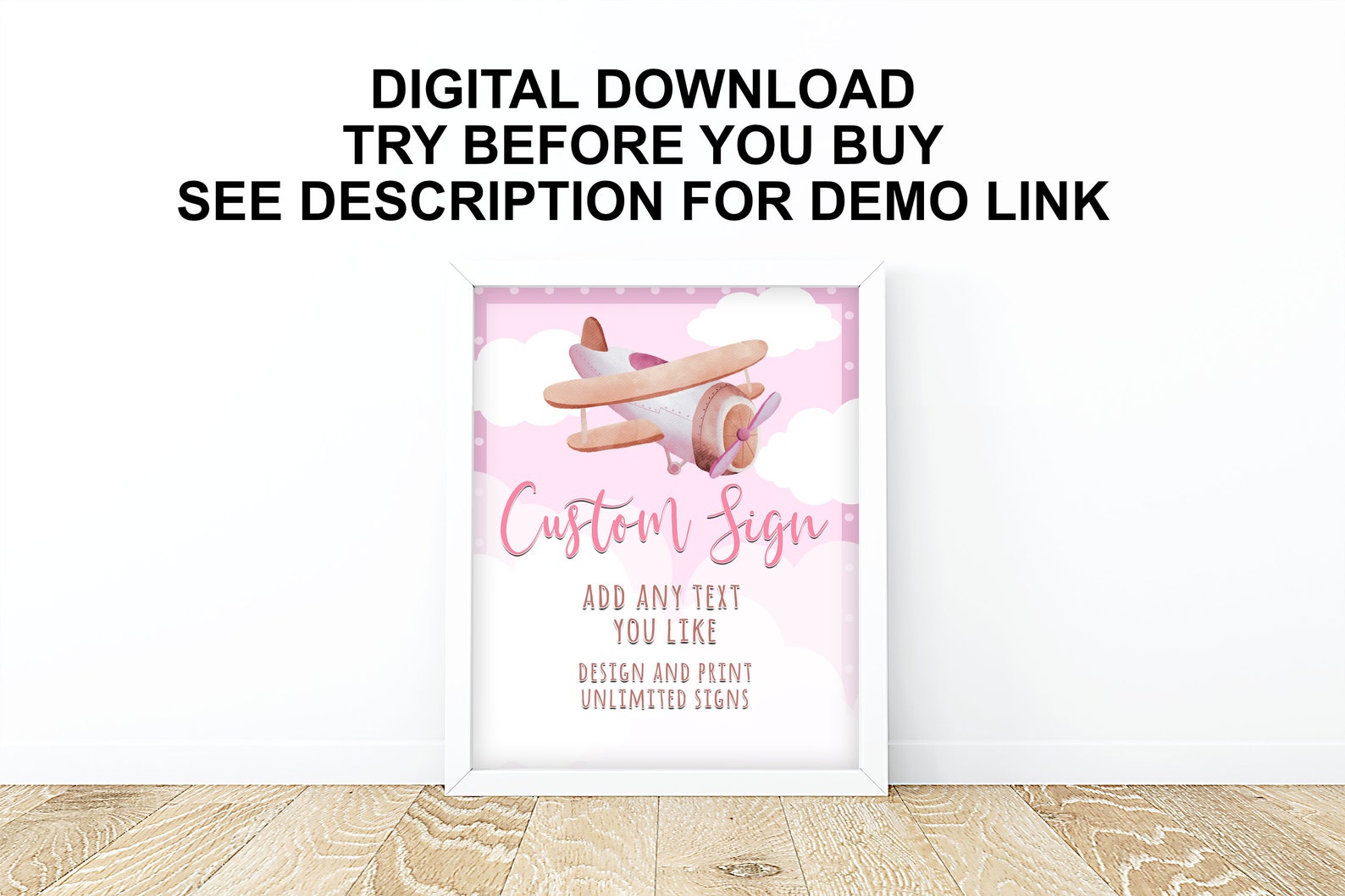 Editable Custom Pink Airplane Birthday Party Sign Decor Digital File ...
