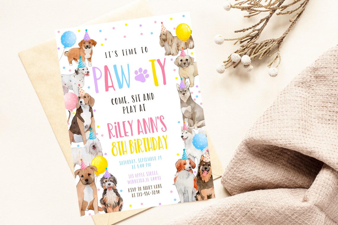 Editable Dogs Birthday Party Invitation Puppy Pawty Invite Dog Shelter ...