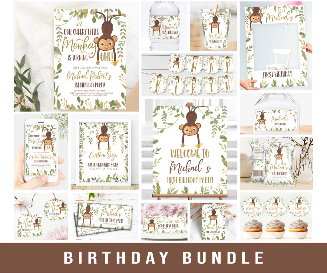 Editable Monkey Birthday Invitation Bundle Pack Boy First Birthday ...