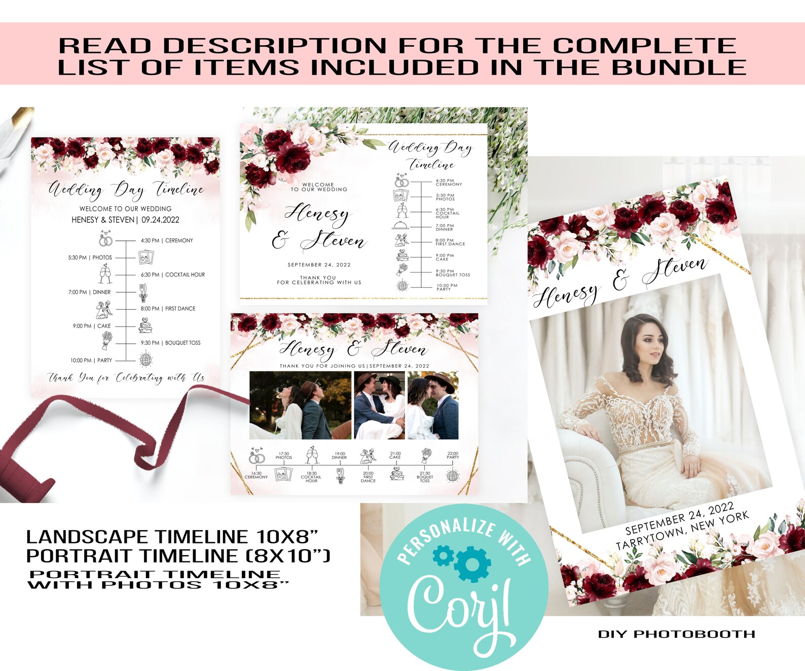 Editable Burgundy Wedding Template Bundle Elegant Burgundy Floral Blush ...