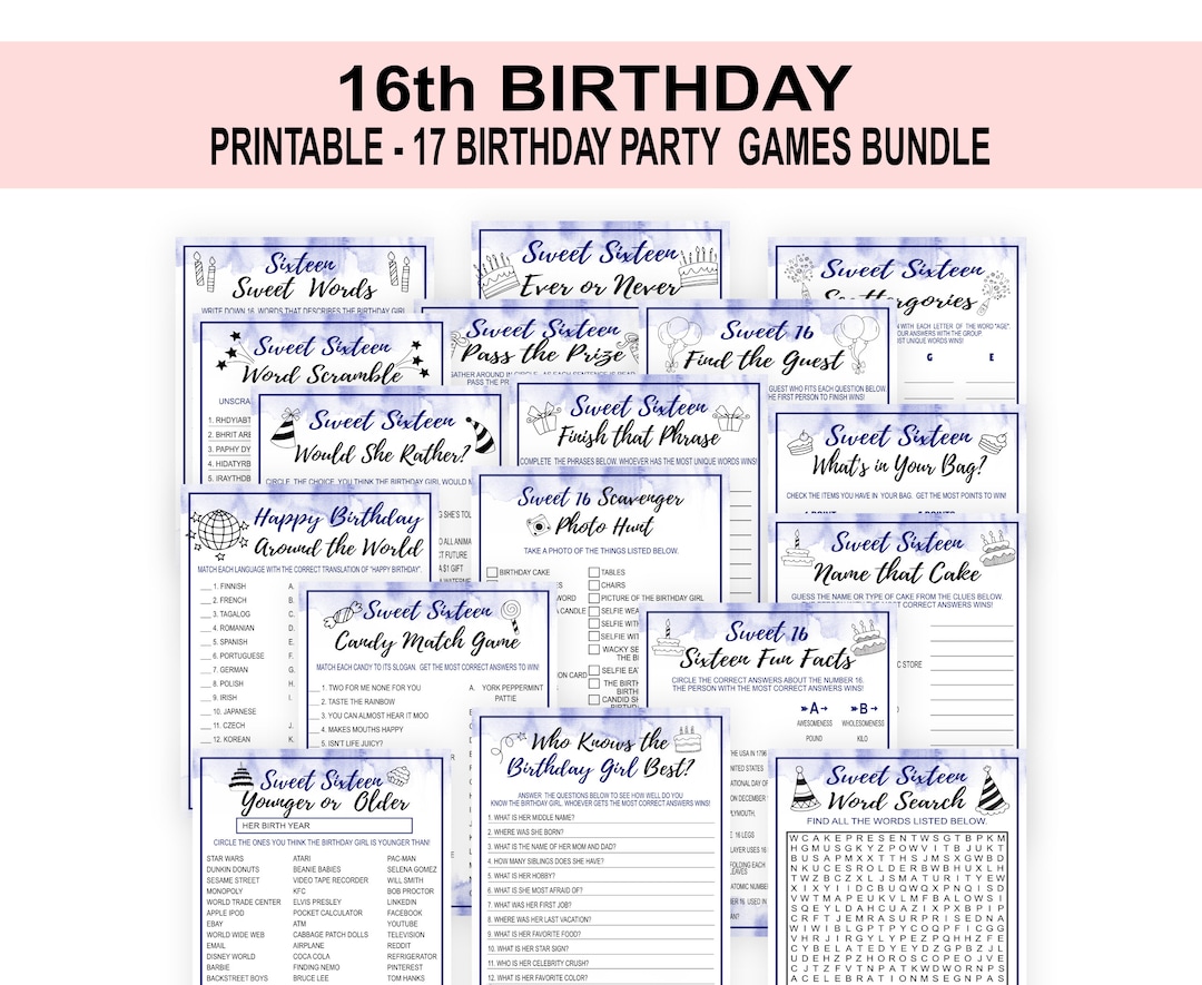 16th Birthday Party Games, Dark Blue Sweet Sixteen Birthday Game ...