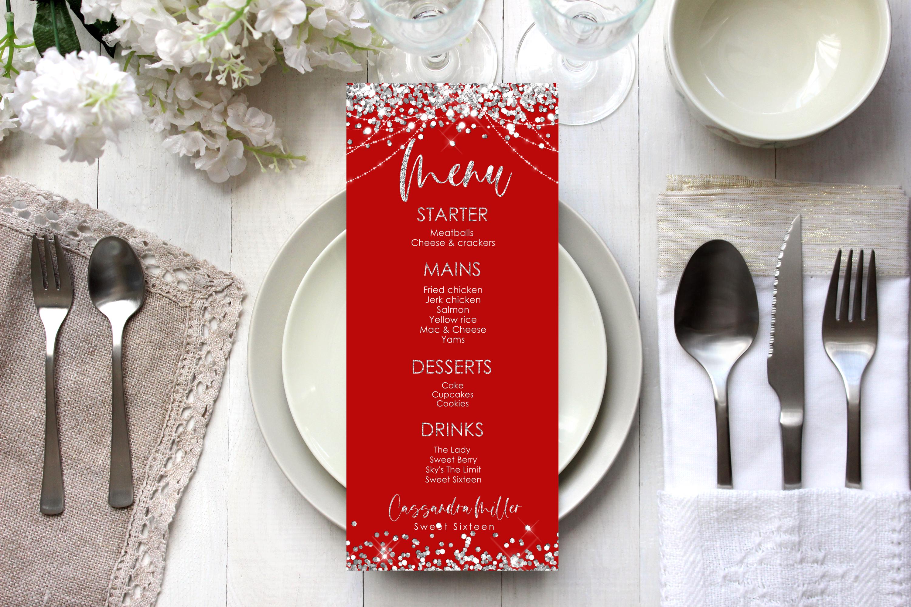 Red Silver Glitter Menu Card: Editable Birthday Party Template (digital ...