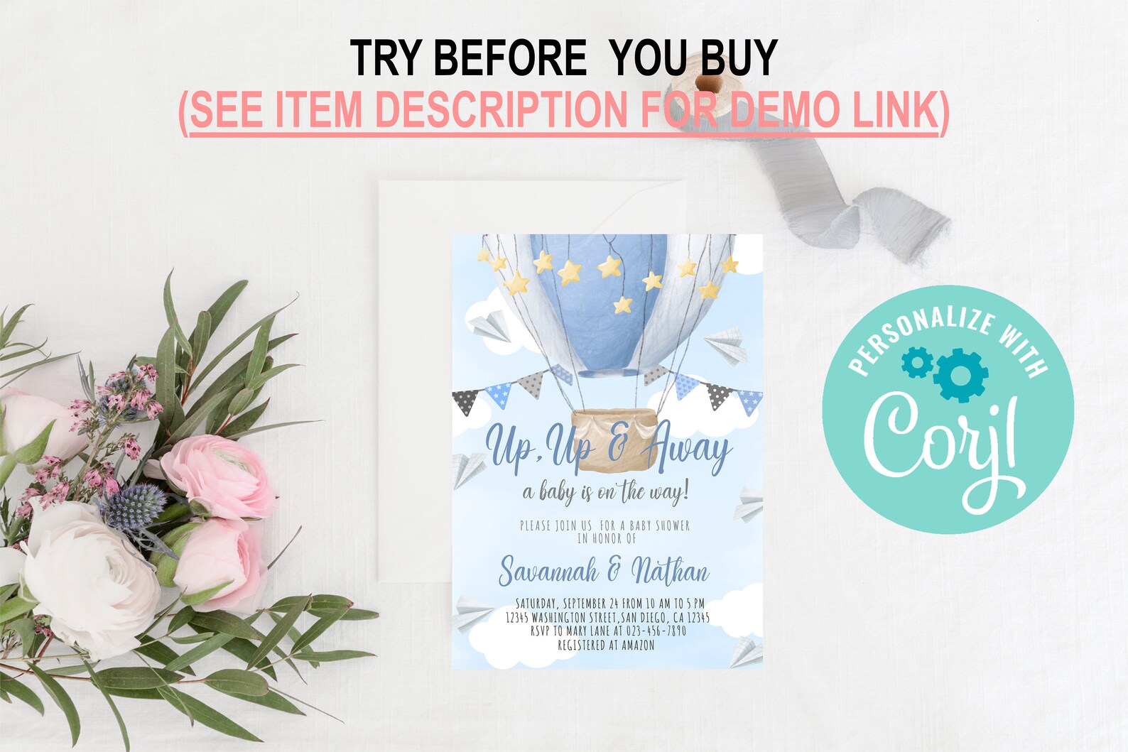 Editable Hot Air Balloon Baby Shower Invitation Blue Hot Air - Etsy