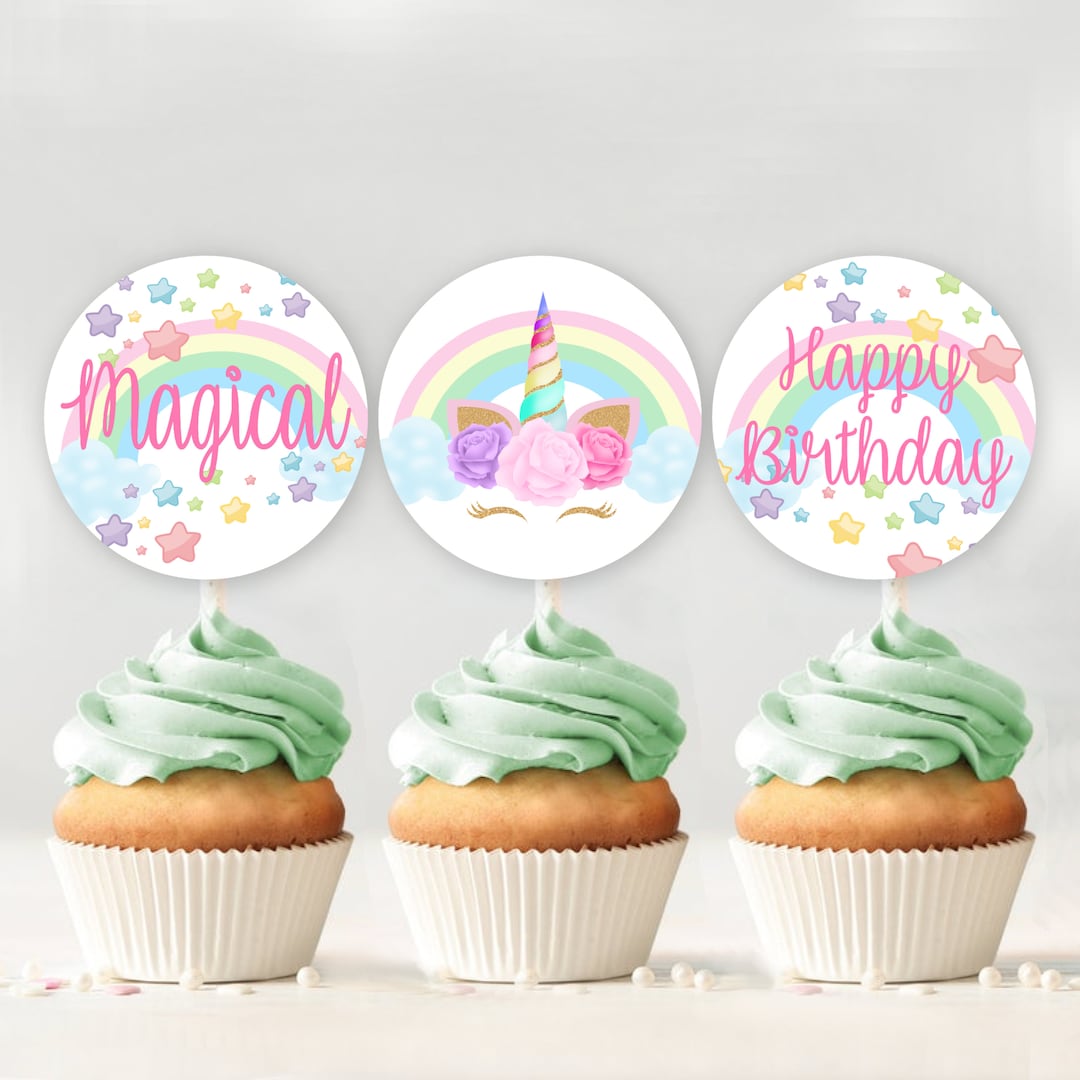 Unicorn Cupcake Toppers, Birthday Party Decoration, Magical, Rainbow ...
