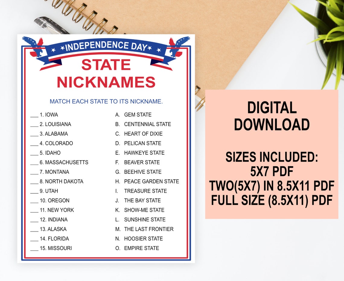 State Nicknames Independence day game, United States, quatrième juillet ...
