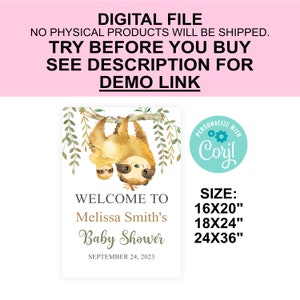 Sloth Baby Shower Welcome Sign: Editable Corjl Template (digital ...