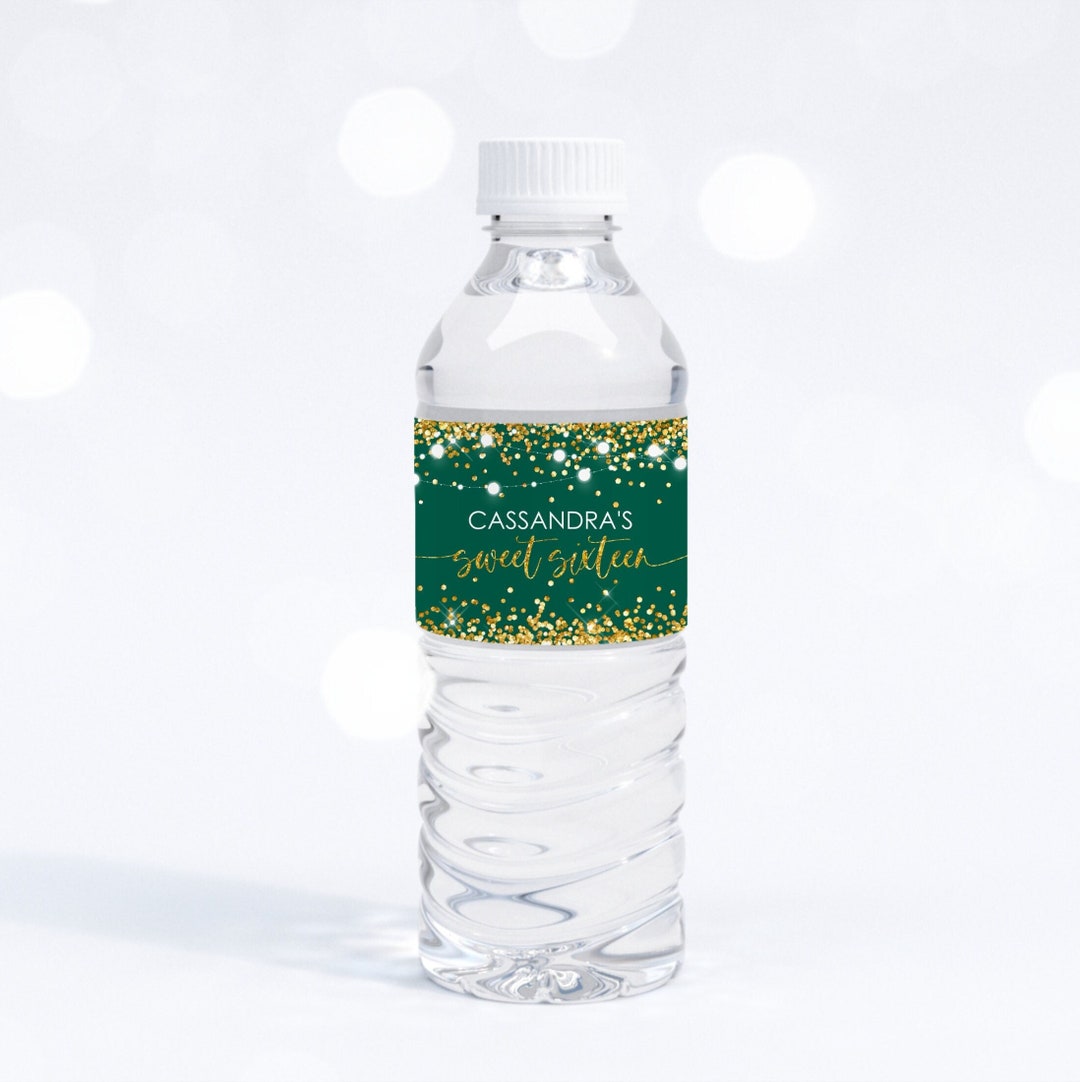 Editable Gold Green Water Bottle Label Birthday Water Bottle Label Gold ...