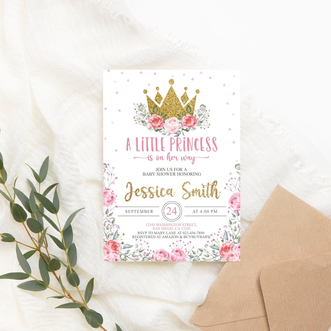 Editable Crown Baby Shower Invitation Princess Crown Flower Pink Girl ...
