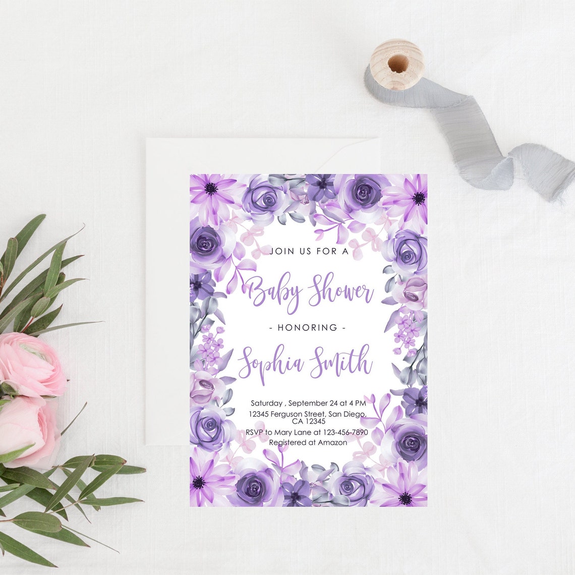 Editable Purple Baby Shower Invitation Purple Baby Shower Party Invite Violet Floral Flower Baby ...